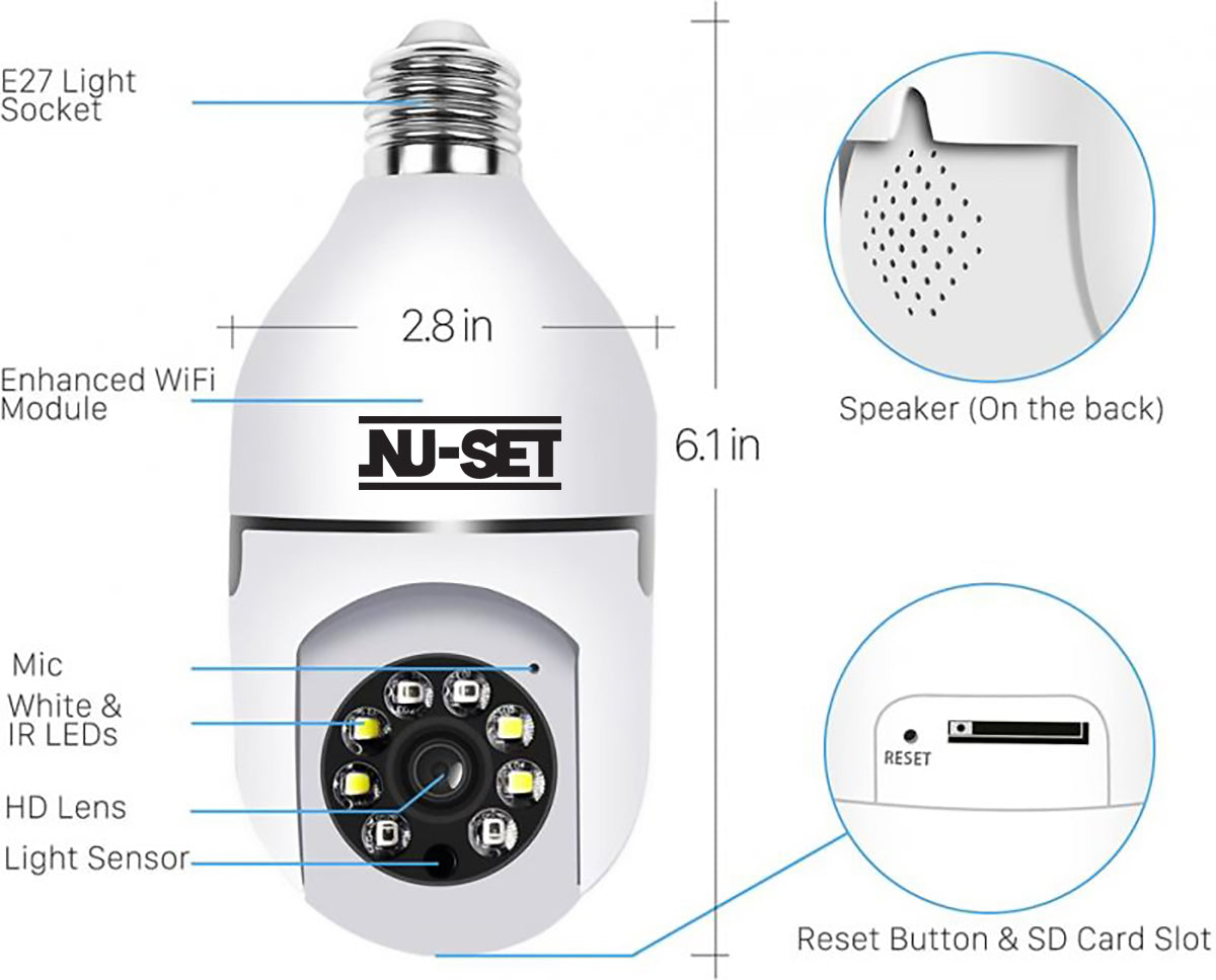 NUSET Smart WiFi Camera, E26 Bulb Security Camera with Pan-Tilt Panora ...